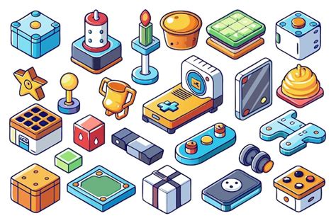 A Collection Of 25 Isometric Retro Game Assets Including A Joystick