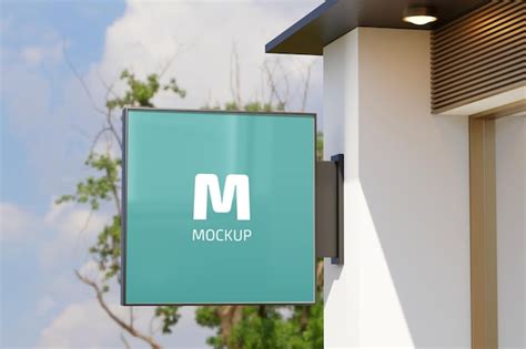 사무실 상점 건물의 외관에 로고 기호 모형 사각형 간판 상자 프리미엄 Psd 파일