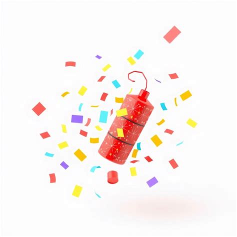 a red firecracker with a lit fuse explodes sending colorful confetti