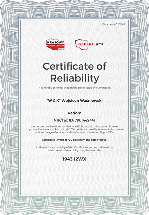 Certificate Of Reliability Wandk T Bags Poland Radom