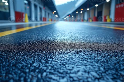 A Close Up View Of A Wet Asphalt Surface Reflecting Lights In A
