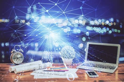 Premium Photo Double Exposure Of Table With Computer On Background
