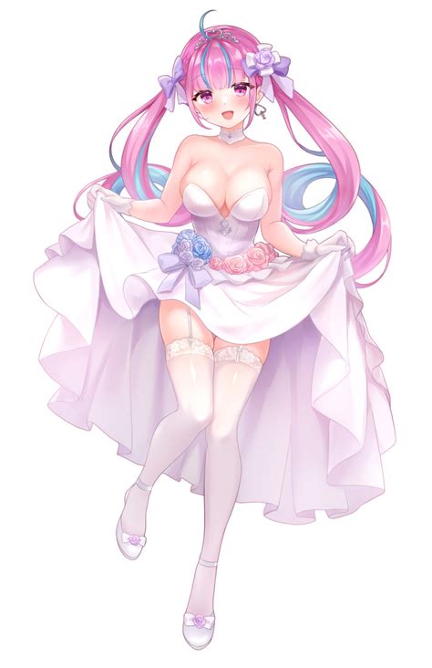 Nikoo Minato Aqua Hololive Highres Girl Ahoge Anchor Ornament Aqua Hair Bare Shoulders