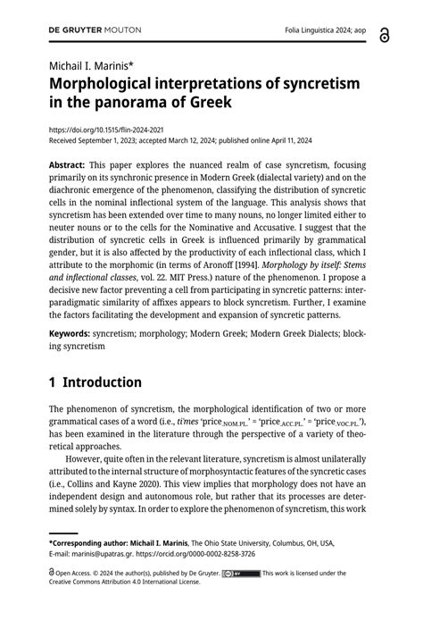 Pdf Morphological Interpretations Of Syncretism In The Panorama Of Greek
