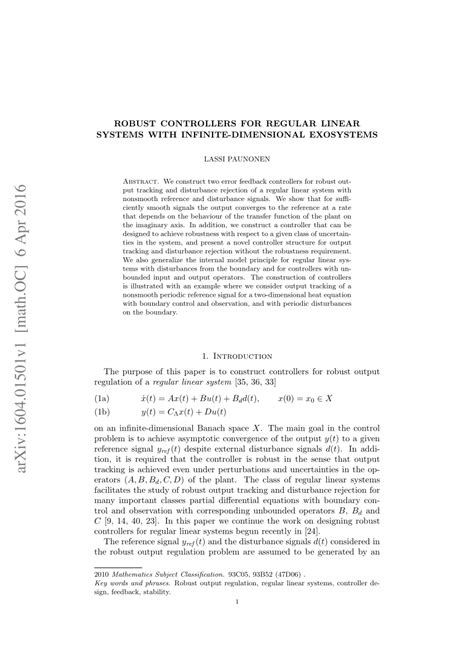 Pdf Robust Controllers For Regular Linear Systems With Infinite Dimensional Exosystems