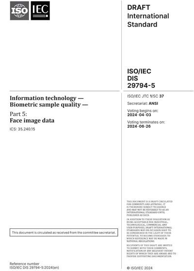 ISO IEC DIS 29794 5 2024 Information Technology Biometric Sample Quality Part 5 Face
