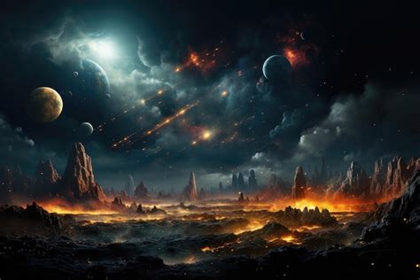 Premium Photo Fantastic Landscape Of A Lifeless Incandescent Planet With Stars In Space And