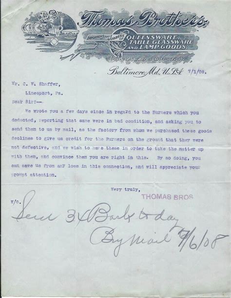 1908 Baltimore Md Thomas Brothers Queenswareglasswarelamp Goods