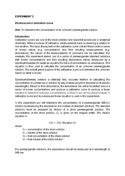 Experiment 2 Density Practical Experiment 2 Dilutions And A