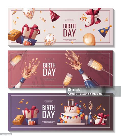 케이크 샴페인 컵 케이크 선물 모자 색종이가있는 생일 프로모션 판매 배너 세트 생일 케이크에 대한 스톡 벡터 아트 및 기타