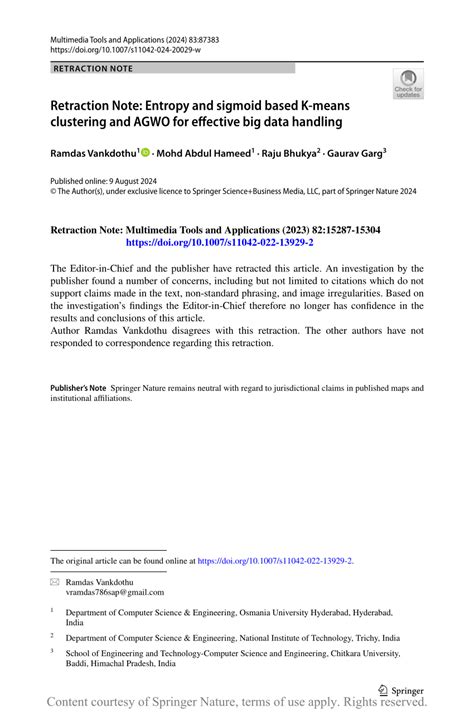 retraction note entropy and sigmoid based k means clustering and agwo