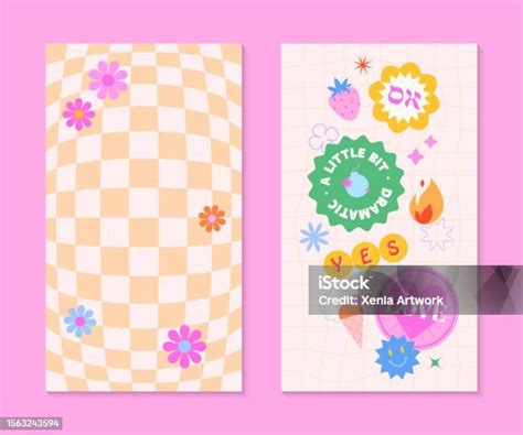 90년대 스타일의 패치와 스티커가 있는 벡터 인스타 스토리 템플릿 강렬하고 밝은 색상에 대한 스톡 벡터 아트 및 기타 이미지 강렬하고 밝은 색상 개념 고객 참여