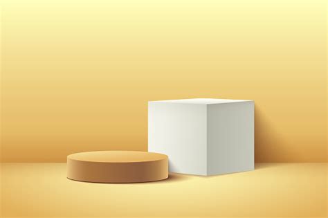 현대 웹 사이트에 제품에 대한 추상 큐브 및 원형 디스플레이 연단과 최소한의 텍스처 벽 장면으로 배경 렌더링 3d 렌더링 기하학적 모양 흰색과 황금 색 1위에 대한 스톡