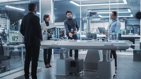 다양한 산업용 로봇 엔지니어 팀이 로봇 팔이 있는 테이블 주위에 모였습니다 과학자들은 랩톱 컴퓨터를 사용하여 로봇을 조작하고