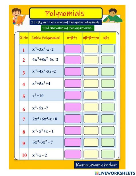 relation between roots and coefficients of polynomial worksheet live