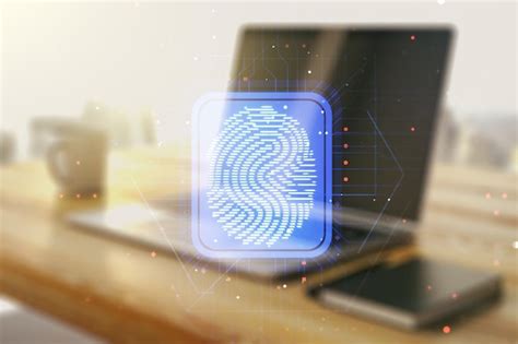 Premium Photo Multi Exposure Of Abstract Fingerprint Scan Interface And Modern Desk With
