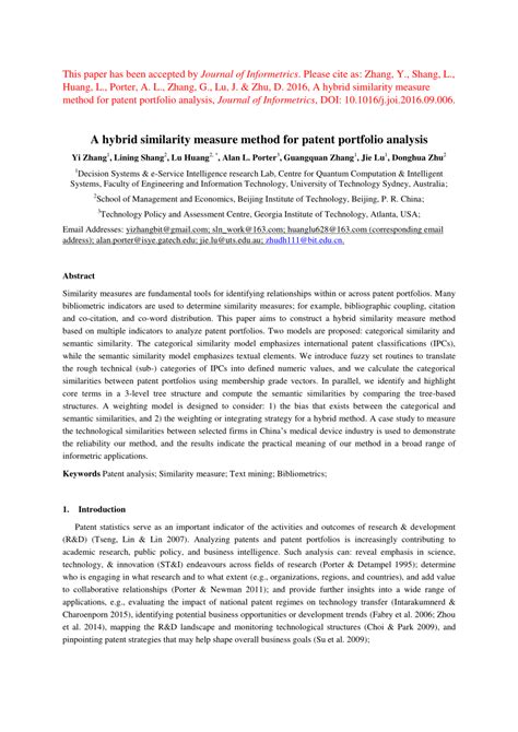Pdf A Hybrid Similarity Measure Method For Patent Portfolio Analysis