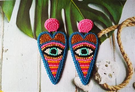 Evil Eye Earrings Embroidery Heart Earrings Large Beaded Eye Earrings