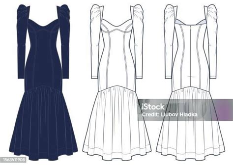 여성 퍼프 슬리브 드레스 기술 패션 일러스트레이션 맥시 드레스 패션 플랫 기술 도면 템플릿 긴 소매 집업 슬림 핏 전면 및 후면보기 흰색 검은 색 여성 Cad 모형 세트