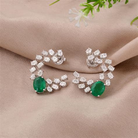 14 Karat White Gold Real Zambian Emerald Gemstone Earrings Diamond Fine