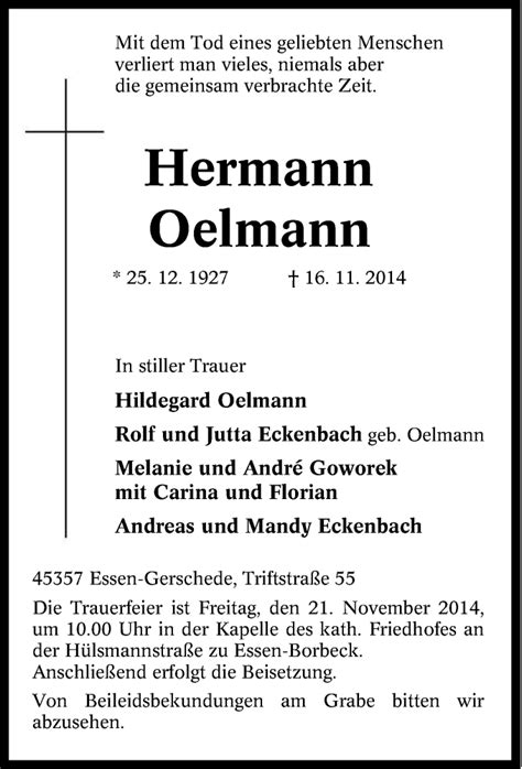 Traueranzeigen Von Hermann Oelmann Trauer In Nrwde