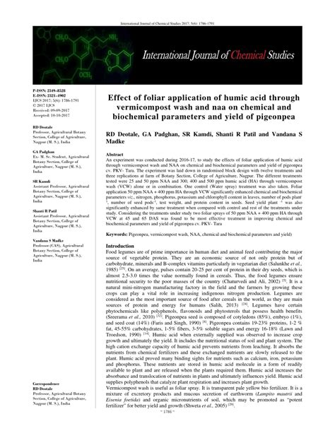 Pdf Effect Of Foliar Application Of Humic Acid Through Vermicompost Wash And Naa On Chemical