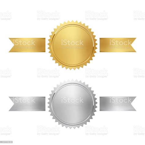 흰색 배경에 격리 된 수평 리본과 황금과 실버 스탬프 고급 크롬 씰 벡터 디자인 요소입니다 인장에 대한 스톡 벡터 아트 및 기타 이미지 Istock