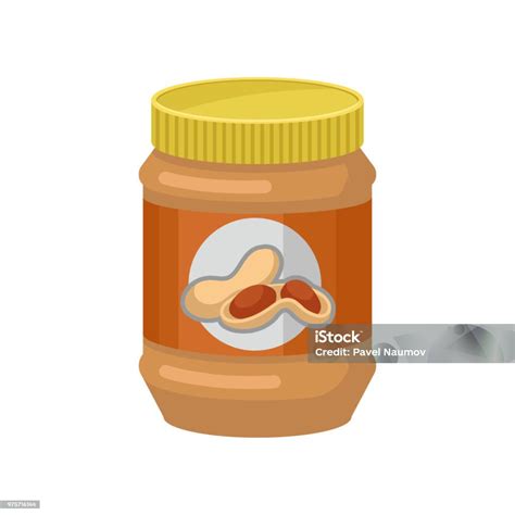 레이블 및 노란색 뚜껑과 투명 한 유리 항아리에 자연 땅콩 버터 건강 한 영양입니다 프로 모션 배너 또는 포스터에 대 한 평면 벡터 요소 0명에 대한 스톡 벡터 아트 및