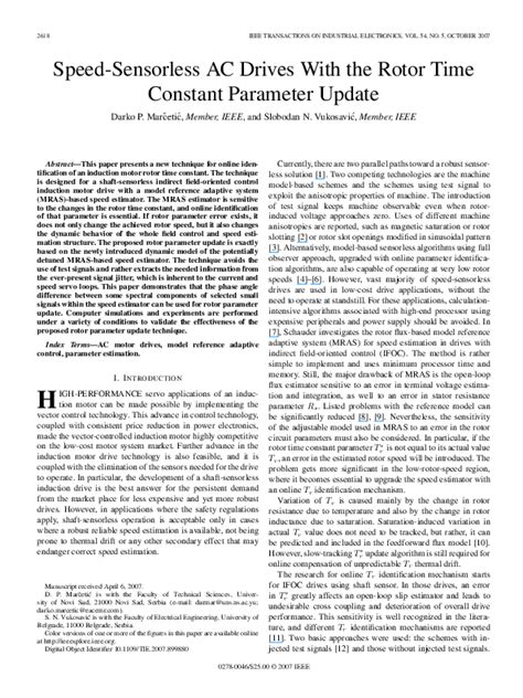 Pdf Speed Sensorless Ac Drives With The Rotor Time Constant Parameter Update