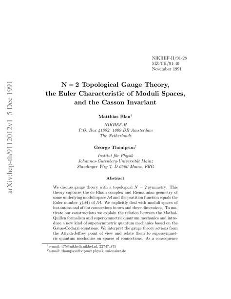Pdf N2 Topological Gauge Theory The Euler Characteristic Of