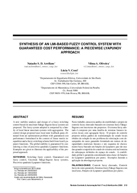 (PDF) Synthesis of an LMI-based fuzzy control system with guaranteed ...