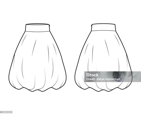 스커트 풍선 기술 패션 일러스트 와 아래 무릎 길이 실루엣 와이드 스트레치 허리 밴드 플랫 바닥 0명에 대한 스톡 벡터 아트 및 기타 이미지 Istock