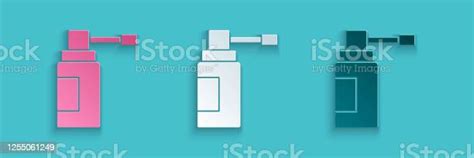 종이는 파란색 배경에 고립 된 코와 목 아이콘의 질병을 치료하기위한 노즐 스프레이와 의료 병을 잘라 종이 아트 스타일 벡터