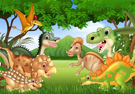 Premium Vector Cartoon Happy Dinosaurs Living In The Jungle