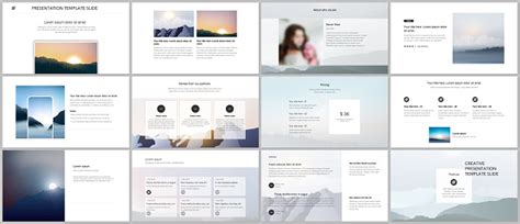 웹 사이트 디자인 프리젠 테이션 포트폴리오 프리젠 테이션 슬라이드 브로셔 커버 보고서용 벡터 템플릿 안개 아침과 저녁에 일몰에 일출 산과 자연 경관 배경 Slide Show