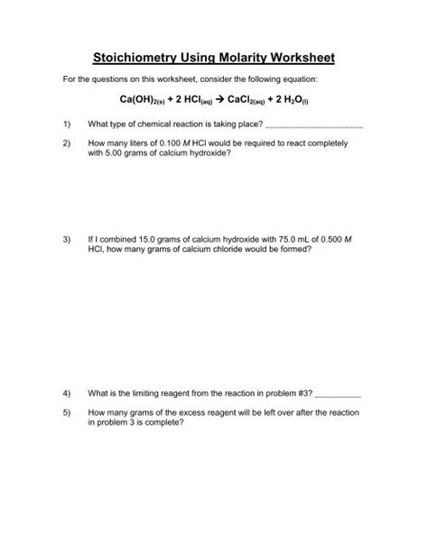 Stoichiometry Using Molarity Worksheet