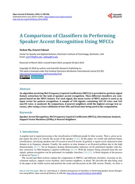 Pdf A Comparison Of Classifiers In Performing Speaker Accent Recognition Using Mfccs