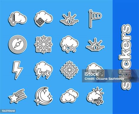 바람이 부는 날씨 화씨와 구름 일출 일몰 눈송이 장미 온도계 및 구름을 비 아이콘으로 설정합니다 벡터 겨울에 대한 스톡 벡터 아트 및 기타 이미지 Istock