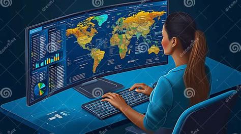 Analyst Working With Global Data On Curved Monitor Stock Illustration