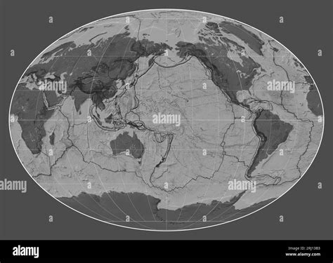 Tectonic Plate Boundaries On A Bilevel Map Of The World In The Fahey Projection Centered On The