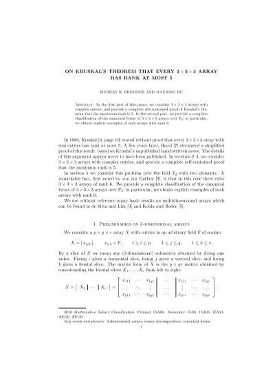 On Kruskal S Theorem That Every 3 X 3 X 3 Array Has Rank At Most 5