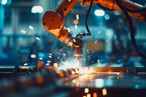 Precision Engineering Industrial Robot Arm Performing Welding Tasks In