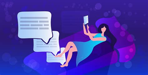 여자 를 사용하여 채팅 응용 프로그램 소셜 네트워크 음성 채팅 버블 통신 개념 소녀 거짓말 에 침대 메시징 에 태블릿 Pc 전체 길이 수평 벡터 일러스트 가공의 인물에 대한