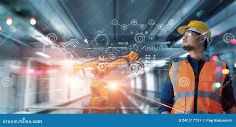 technical industrial engineer working and control robotics with