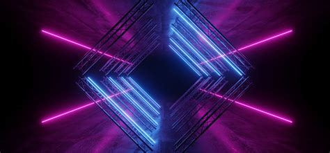 네온 빛나는 보라색 블루 활기찬 공상 과학 소설 미래 단계 연단 건설 금속 삼각형 콘크리트 그런지 반사 어두운 밤 가상 쇼 배경 레이저 터널 복도 3d 렌더링 0명에 대한
