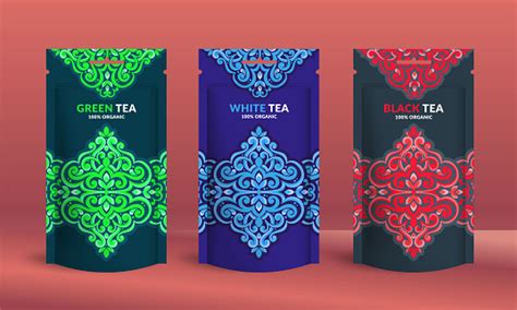 지퍼 파우치 백 모형을 사용한 차 포장 디자인 벡터 장식 템플릿입니다 우아하고 고전적인 요소 음식 음료 및 기타 패키지 유형에 적합합니다 배경 과 벽지에 사용할 수 있습니다