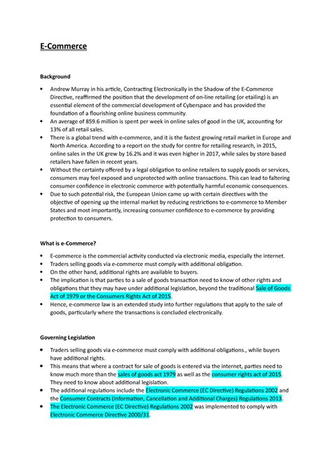 Commercial Law E Commerce Lecture Notes E Commerce Background Andrew Murray In His Article
