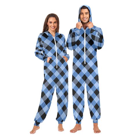 Alaza Unisex Adults Onesie Pajamas Blue Grid Checkered Pattern Sleepwear Jumpsuits One Piece M