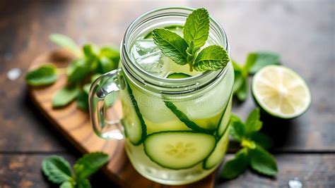 A Refreshing Cucumber And Mint Mocktail In A Glass Jar With Cucumber Ribbons Fresh Mint Leaves