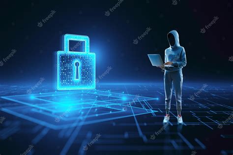 premium photo hacker with laptop and glowing padlock hologram on dark